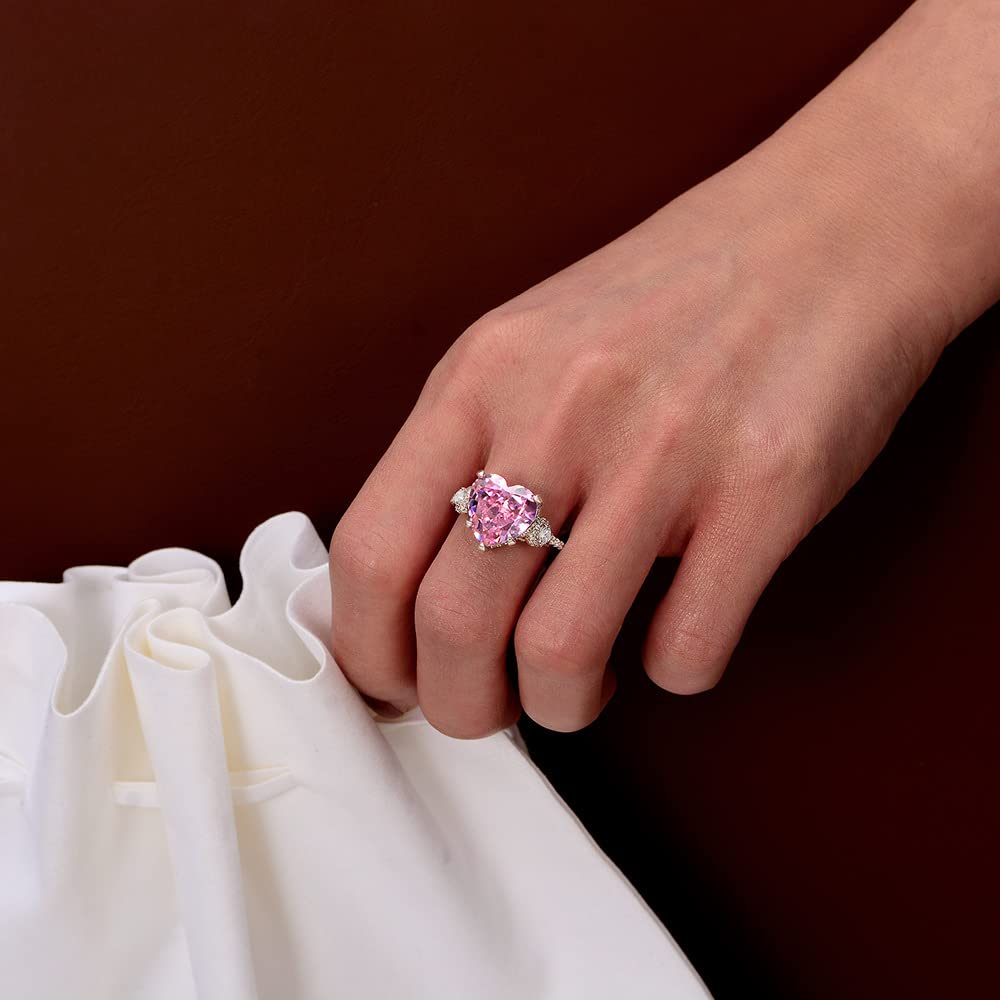 Women's S925 Silver Ring 15ct Heart Shaped High Carbon Diamond Ring Luxury Engagement Wedding Ring (5#-9#) (pink7)