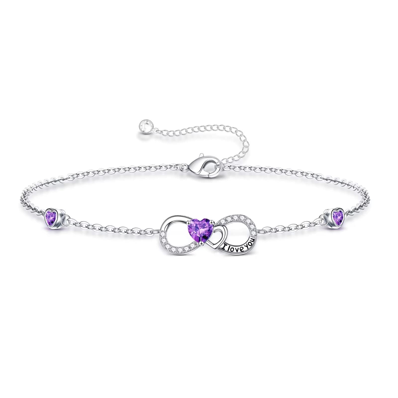 Love Heart Birthstone Bracelet for Women, 925 Sterling Silver Birthstone Zirconia Anniversary Valentines Day Gifts for Her Mothers Day Christmas Birthday Gifts for Women Teen Girls, Created Amethyst