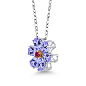 Gem Stone King 925 Sterling Silver and 10K Yellow Gold Blue Tanzanite and Red Created Ruby Pear Shape Flower Pendant Necklace For Women (2.73 Cttw, Gemstone Birthstone, with 18 Inch Chain)