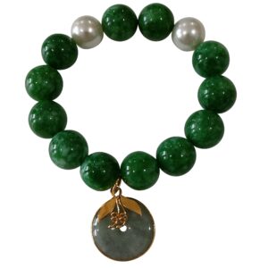 heavens tvcz natural green jade round 14 mm gems healing energy real bracelet bangle for women charms with pendant jade coin donut money powerful thai prosperity success, elastic rope inner lenth