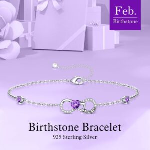 Love Heart Birthstone Bracelet for Women, 925 Sterling Silver Birthstone Zirconia Anniversary Valentines Day Gifts for Her Mothers Day Christmas Birthday Gifts for Women Teen Girls, Created Amethyst