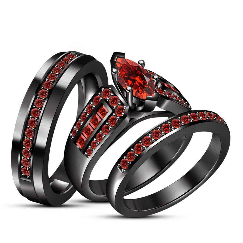 14K Black Gold Over Marquise & Round Cut Red Garnet 925 Sterling Silver Diamond Wedding Engagement Trio Ring Set for His & Her