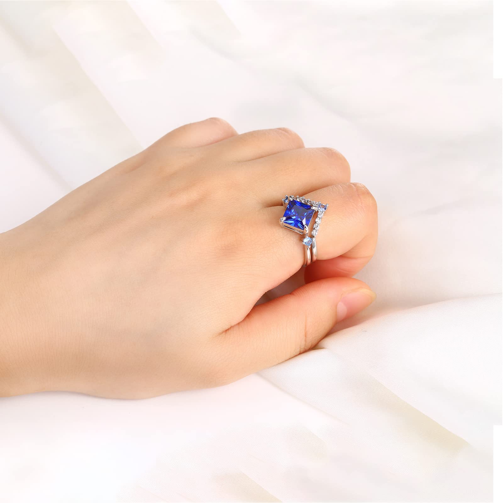 LAZLUVU Sapphire Rings for Women Stackable Cubic Zirconia Ring Wedding Rings for Women Valentine's Day Christmas Jewelry Gift Size 9