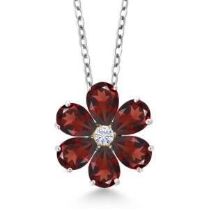 gem stone king 925 silver and 10k yellow gold red garnet and white moissanite pear shape flower pendant necklace for women (3.01 cttw, with 18 inch chain)