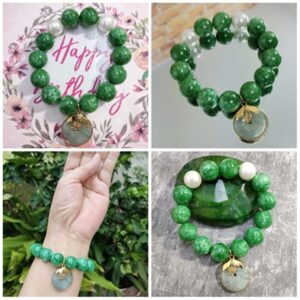 Heavens Tvcz Natural Green Jade Round 14 mm Gems Healing Energy Real Bracelet Bangle for Women Charms with Pendant Jade Coin Donut Money Powerful Thai Prosperity Success, Elastic Rope Inner Lenth