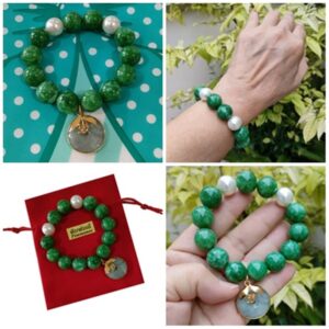 Heavens Tvcz Natural Green Jade Round 14 mm Gems Healing Energy Real Bracelet Bangle for Women Charms with Pendant Jade Coin Donut Money Powerful Thai Prosperity Success, Elastic Rope Inner Lenth