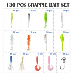 130pcs Crappie Lures kit, Crappie Bait Set with Jig Heads Hooks Soft Plastic Fishing Lures for Crappie Swim baits for Fishing Crappie Bass Walleye Trout Minnows Lures