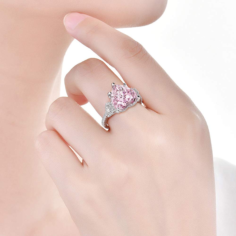 Women's S925 Silver Ring 15ct Heart Shaped High Carbon Diamond Ring Luxury Engagement Wedding Ring (5#-9#) (pink7)