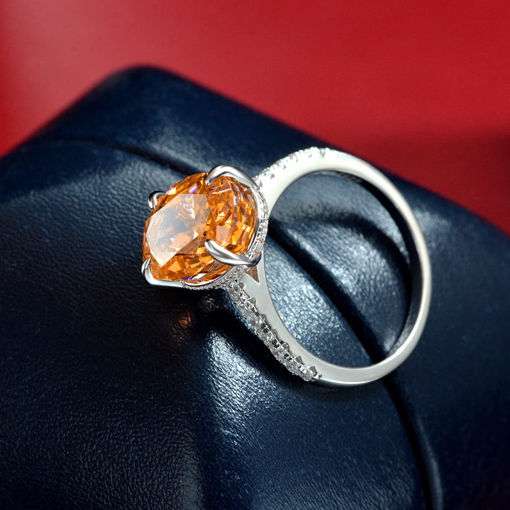 Women's S925 Silver Ring 9ct High Carbon Diamond Ring Orange Fashion Luxury Engagement Wedding Ring (5#-9#) (orange7)