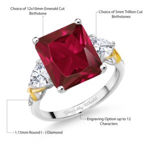 925 Sterling Silver and 10K Yellow Gold Build your Own Personalized Gemstone Birthstone and White Diamond 3 Stone Women Ring (12X10MM Emerald Cut and 5MM Trillion Cut, Available In Size 5, 6, 7, 8, 9)