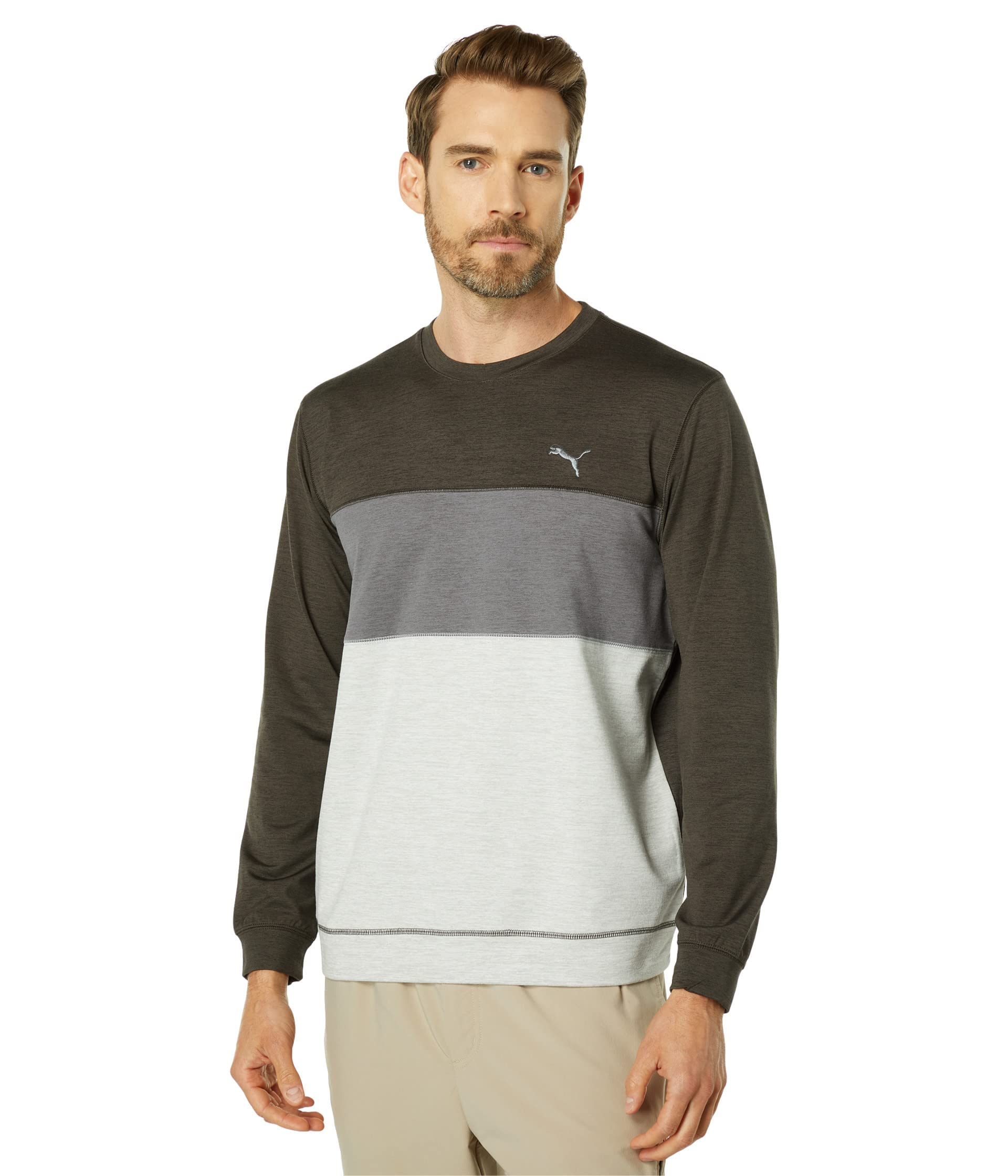 Puma Golf Men's CLOUDSPUN COLORBLOCK CREWNECK, Puma Black Heather-High Rise Heather, S