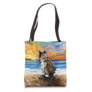 snowshoe siamese on the beach sunset cat art by aja tote bag