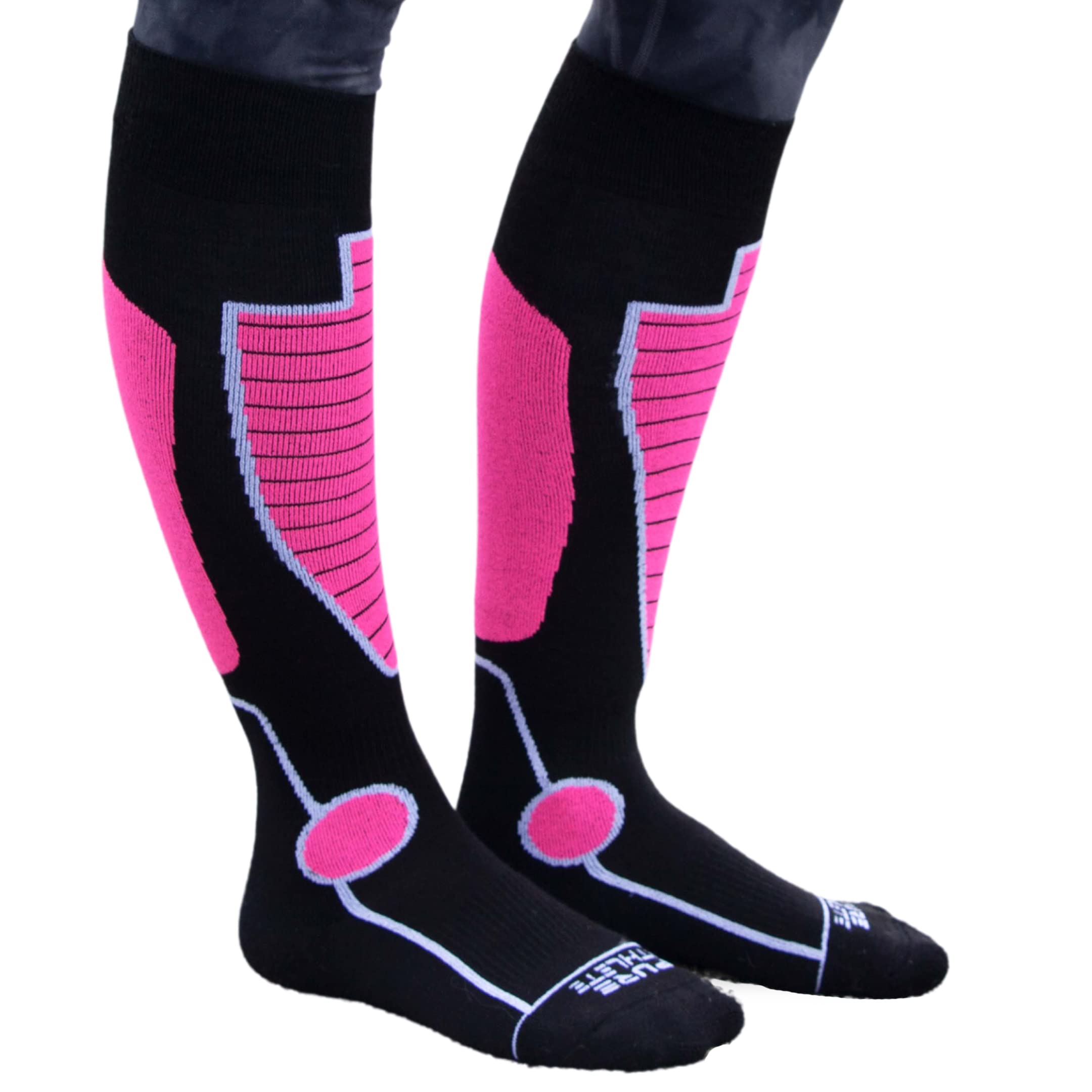 Pure Athlete Midweight Ski Socks - Warmest Winter Thermal Socks for Men Women Skiing Snowboarding Hiking Hunting (S, Black/Neon Pink)