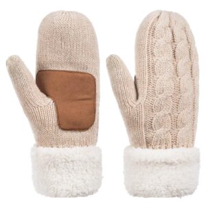 mittens for women cold weather, womens mittens merino wool cable knit warm with thick thermal fleece lined, winter gloves with touchscreen fingers anti-slip(beige)