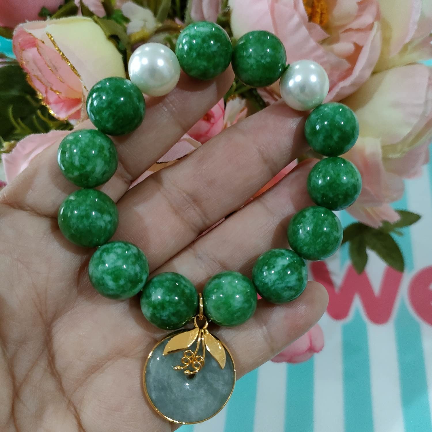 Heavens Tvcz Natural Green Jade Round 14 mm Gems Healing Energy Real Bracelet Bangle for Women Charms with Pendant Jade Coin Donut Money Powerful Thai Prosperity Success, Elastic Rope Inner Lenth