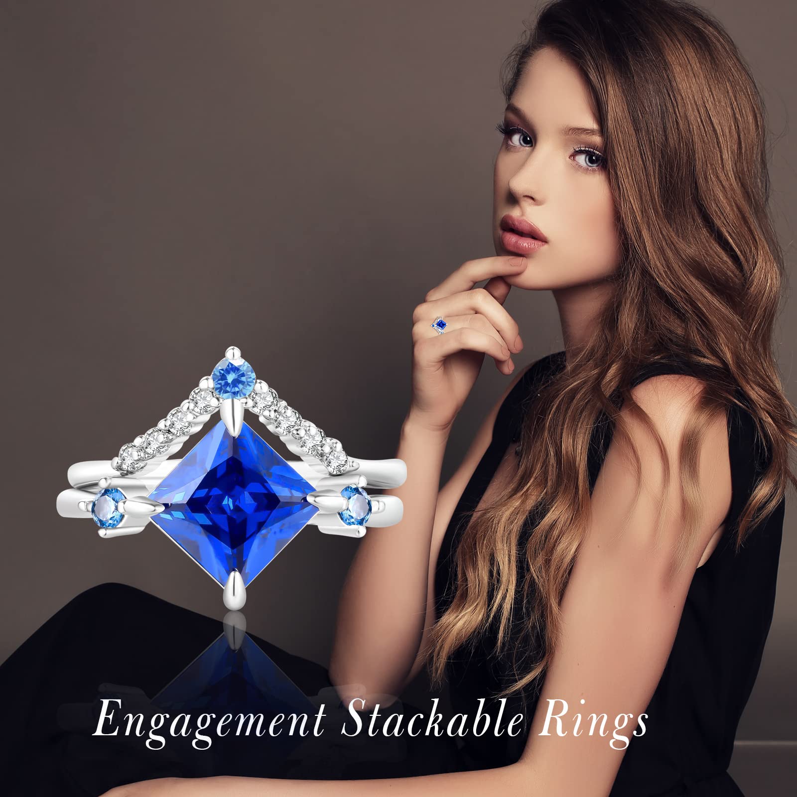 LAZLUVU Sapphire Rings for Women Stackable Cubic Zirconia Ring Wedding Rings for Women Valentine's Day Christmas Jewelry Gift Size 9