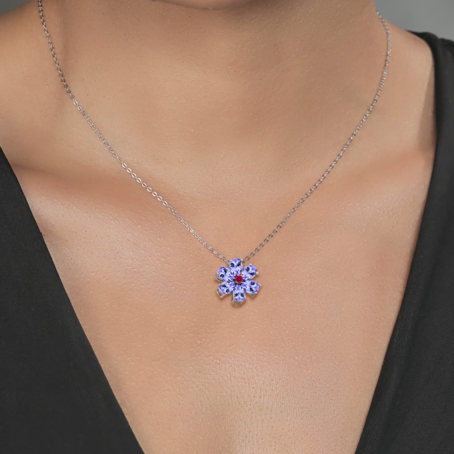 Gem Stone King 925 Sterling Silver and 10K Yellow Gold Blue Tanzanite and Red Created Ruby Pear Shape Flower Pendant Necklace For Women (2.73 Cttw, Gemstone Birthstone, with 18 Inch Chain)