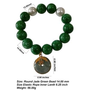 Heavens Tvcz Natural Green Jade Round 14 mm Gems Healing Energy Real Bracelet Bangle for Women Charms with Pendant Jade Coin Donut Money Powerful Thai Prosperity Success, Elastic Rope Inner Lenth