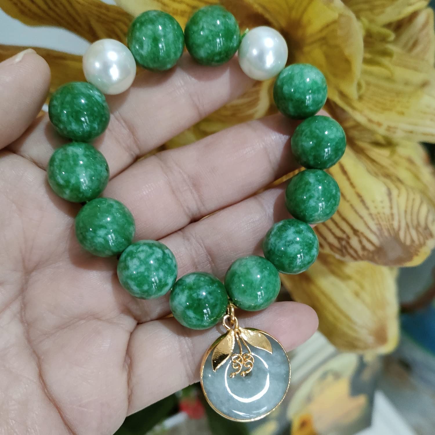 Heavens Tvcz Natural Green Jade Round 14 mm Gems Healing Energy Real Bracelet Bangle for Women Charms with Pendant Jade Coin Donut Money Powerful Thai Prosperity Success, Elastic Rope Inner Lenth