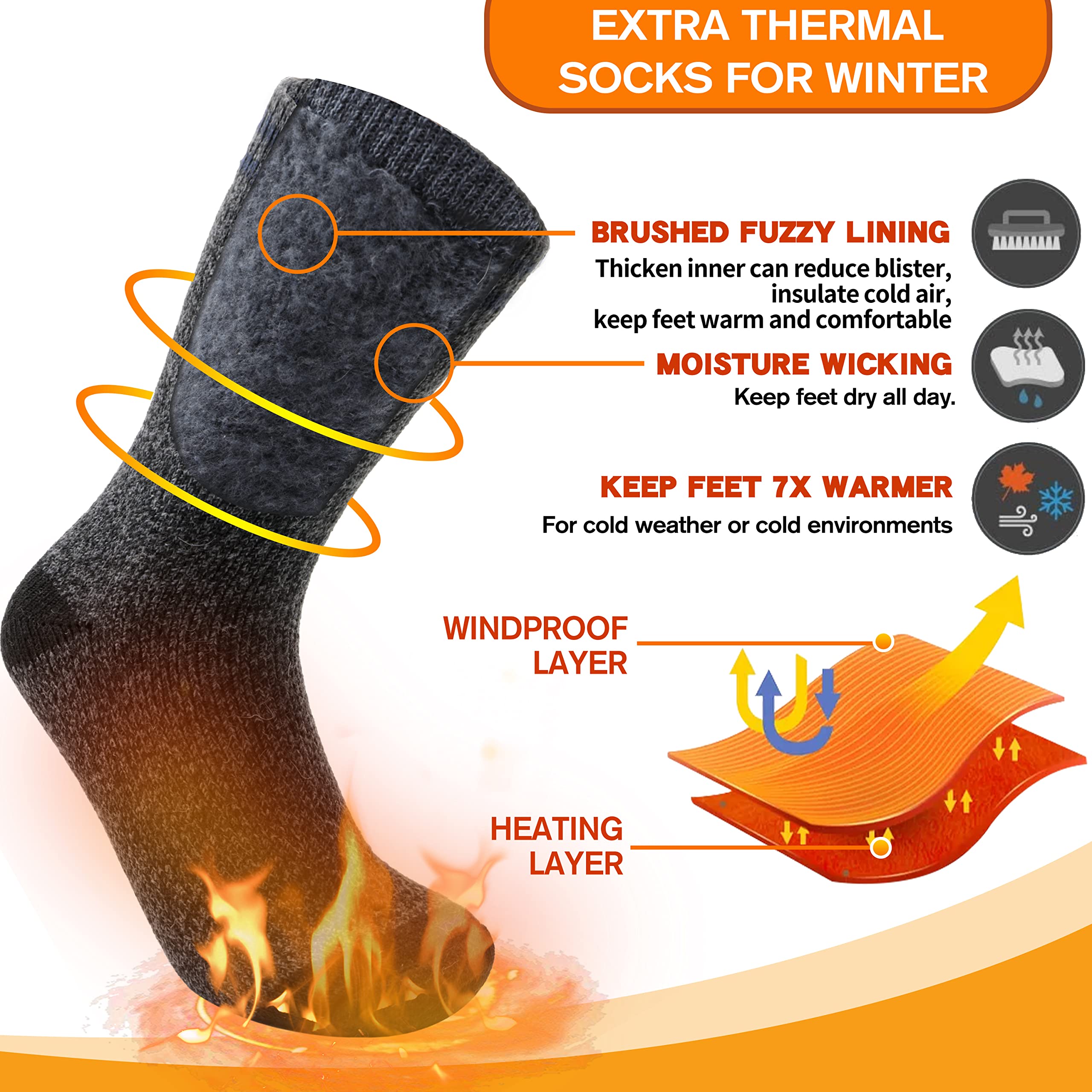 Welwoos Heated Thermal Socks for Men & Women Warm Winter Ski Thick Boot Insulated Gift Stocking Stuffers Socks 3 Pairs (Black Stripe,L)