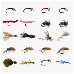 rio products stillwater fly assortment, freshwater fly fishing flies for lakes, multiple sizes and colors, 20 piece kit