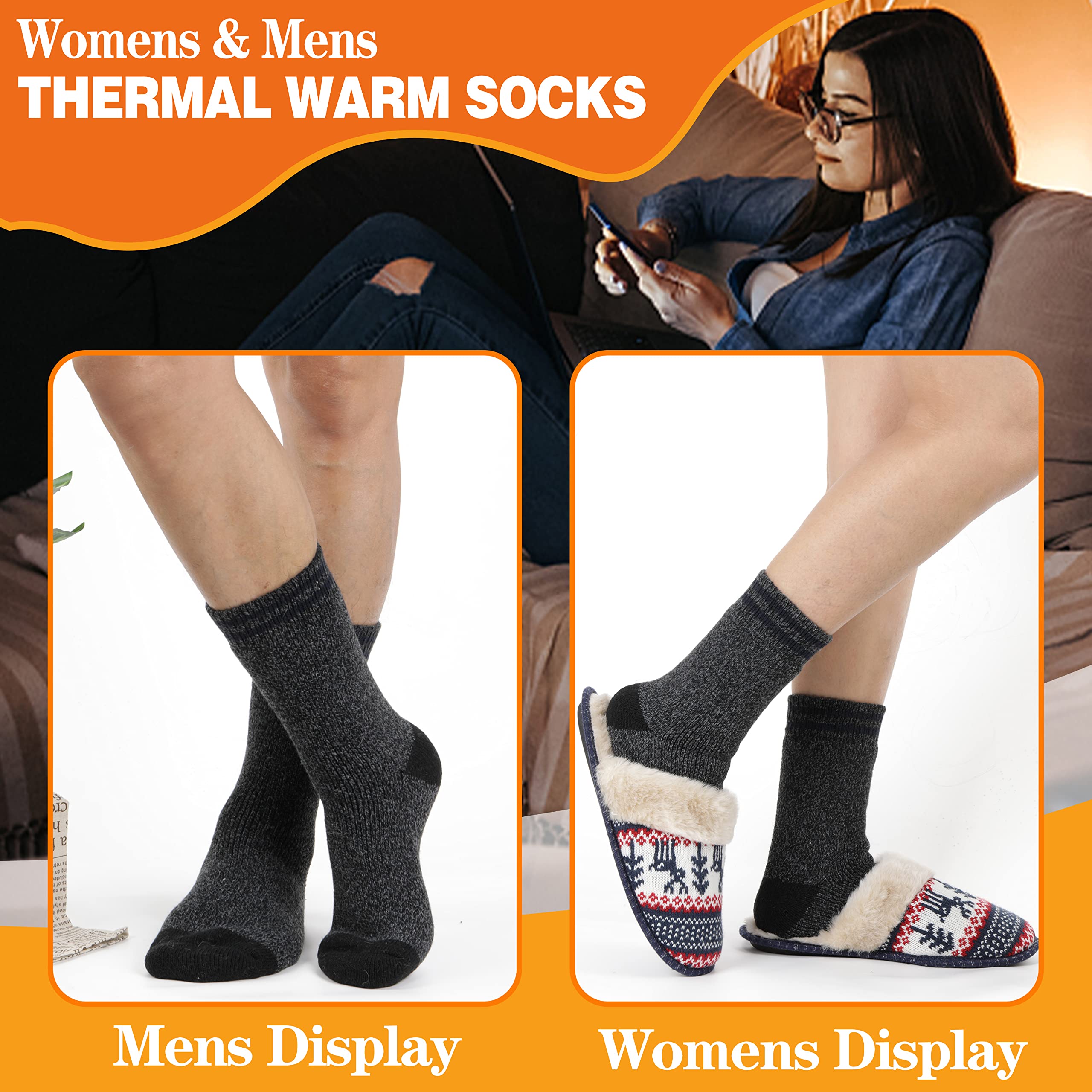 Welwoos Heated Thermal Socks for Men & Women Warm Winter Ski Thick Boot Insulated Gift Stocking Stuffers Socks 3 Pairs (Black Stripe,L)