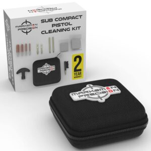 Marksman Precision Sub Compact Pistol Cleaning Kit - Brass - .22 9mm .357 .38 .380 .40 10mm .44 and .45 Caliber Handgun Revolver - Up to 6 inch Barrel - Retail Package (Black)