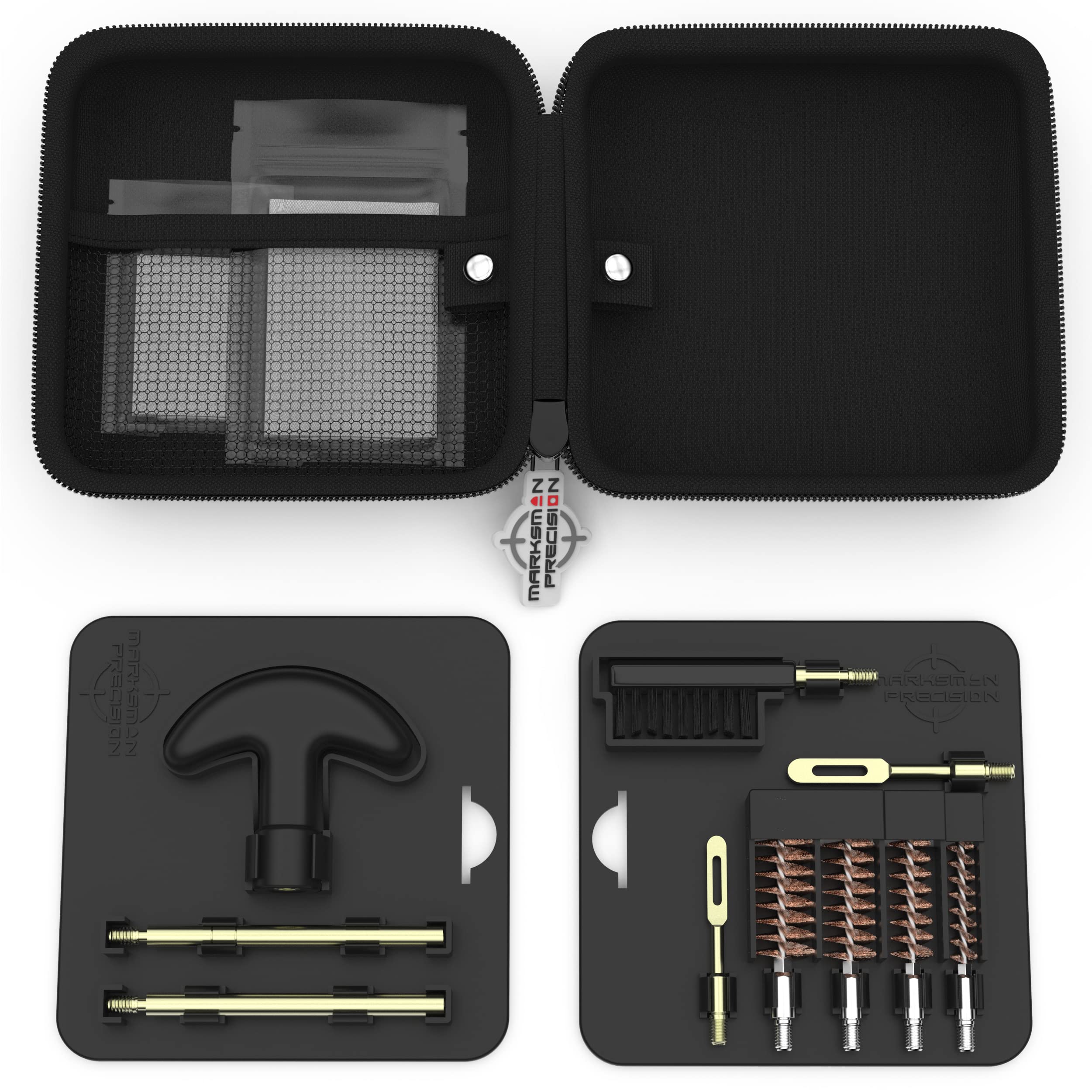 Marksman Precision Sub Compact Pistol Cleaning Kit - Brass - .22 9mm .357 .38 .380 .40 10mm .44 and .45 Caliber Handgun Revolver - Up to 6 inch Barrel - Retail Package (Black)