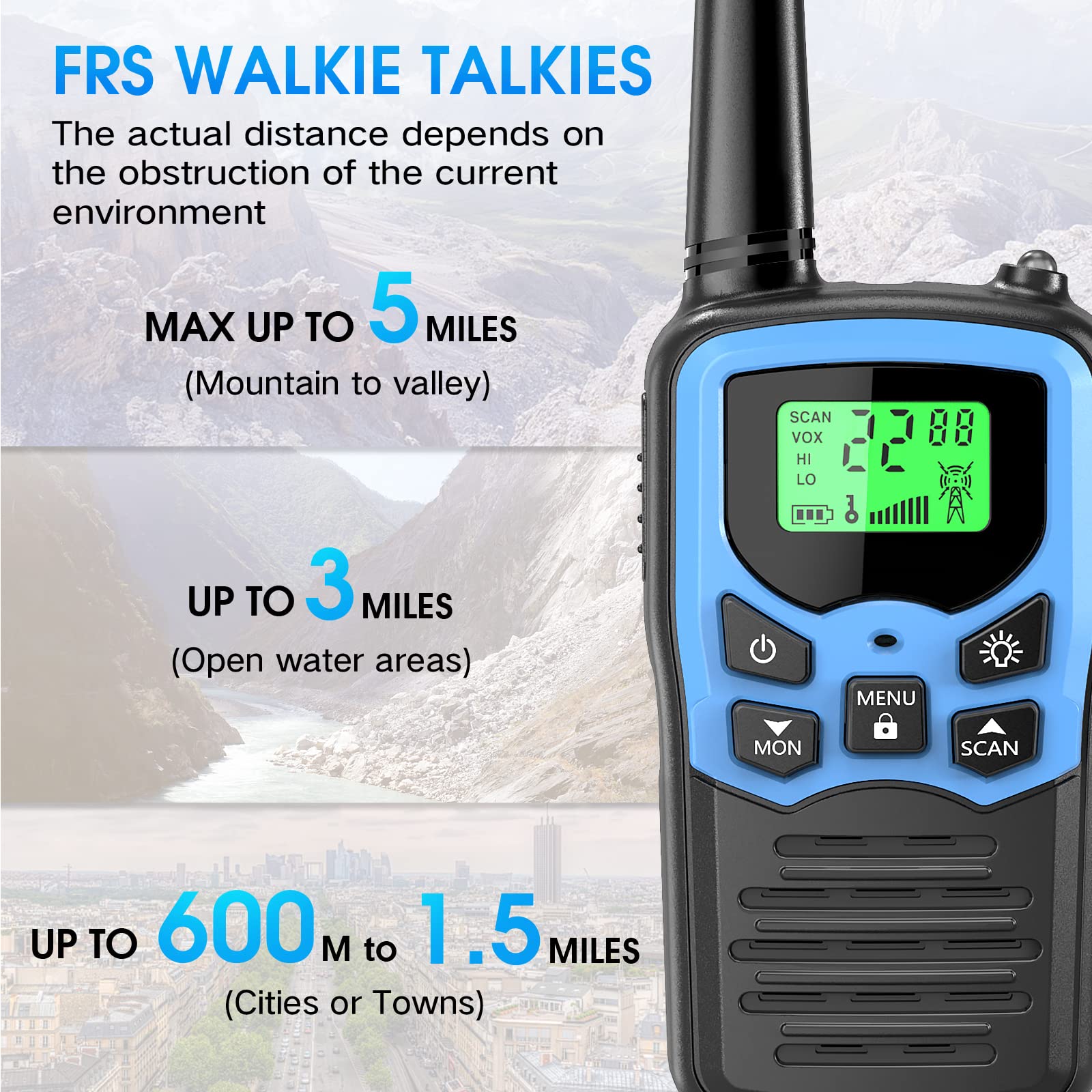 Walkie Talkies,MOICO Long Range Walkie Talkies for Adults Two-Way Radios with 22 Channels FRS VOX Scan LCD Display with LED Flashlight for Field, Survival Biking Hiking Camping 2 Pack (Blue)