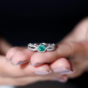 Natural Emerald Diamond Engagement Ring for Women, AAA Quality, Certified Emerald 5mm Round Engagement Ring, 14K White Gold, Size:US 10.00