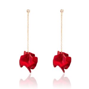 Just Follow Dangle Acrylic Petal Tassel Fringe Chain Earrings Long Drop Rose Flower Statement Earrings for Women With Box (Red)