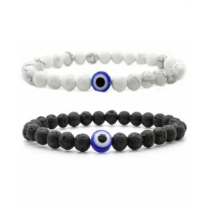 2pcs lucky turkish blue evil eye hamsa hand of fatima beaded stretch bracelet elastic 7 chakras gemstone lava stone bracelet for women men good luck protection amulet jewelry-g blalck