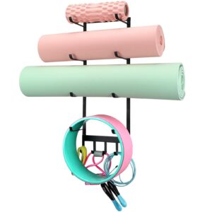 yiseyruo yoga mat holder wall mount: yoga mat home storage organizer rack metal | foam roller holder 4 sections with 5 hooks for hanging yoga resistance bands equipment accessories at home gym