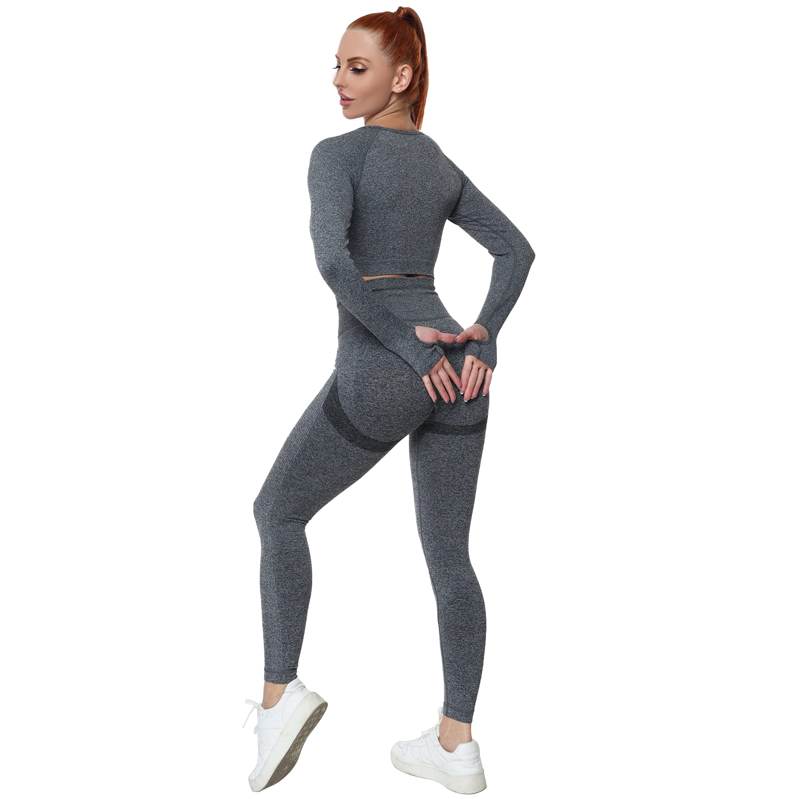 JOJOANS Workout Sets Women 2 Piece Outfits High Waist Seamless Leggings and Crop Top Yoga Set Gym(Grey L)