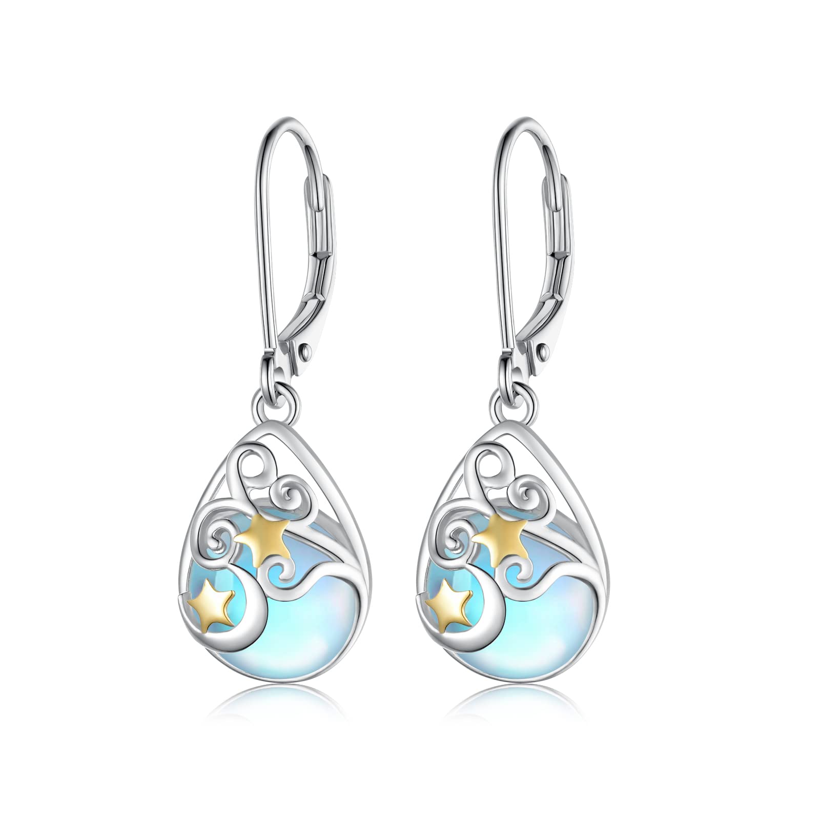 SVODEA Moonstone Moon Star Earrings for Women,925 Sterling Silver Crescent Moon Star Drop Dangle Earrings,Anniversary Birthday Jewelry Gift for Women Mom Wife