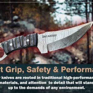 TAC Knives - Bushcraft Survival Knife12T27 Damascus Steel Fixed Blade outdoor Knife- Pakka Wood Handle - Pancake Leather Sheath - Traditional Field Knife for Camping Knife, Fishing, Hunting Knife, Men & Women - EDC Knife to Carry on Belt- (BLACK)