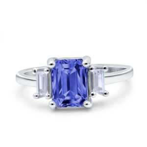 blue apple co. simulated tanzanite cubic zirconia size-6 emerald cut art deco three stone wedding ring cz 925 sterling silver