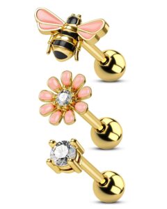 cm crareesi mania 3pcs cute bee cartilage earrings pack 316l stainless steel helix dainty bee 16g tragus conch gold cartilage piercing jewelry pack