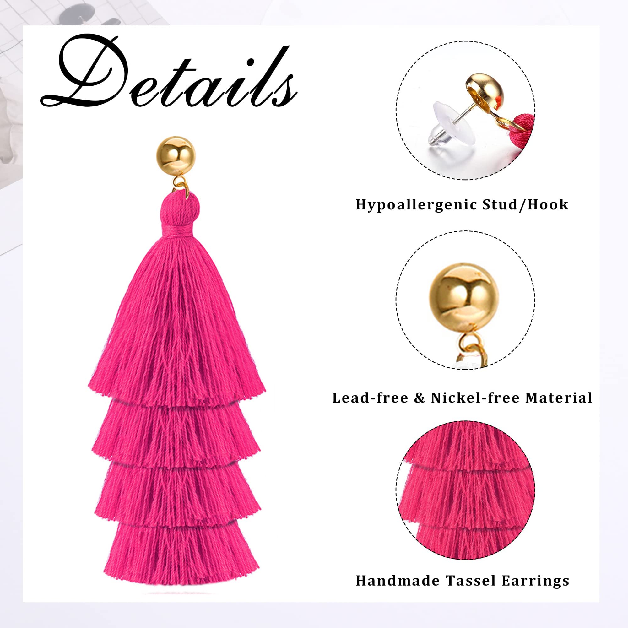 Fansilver Statement Earrings Drop Raffia Earrings Dangle Geometric Earrings Boho Long Tassel Earrings Hot Pink Earrings for Women