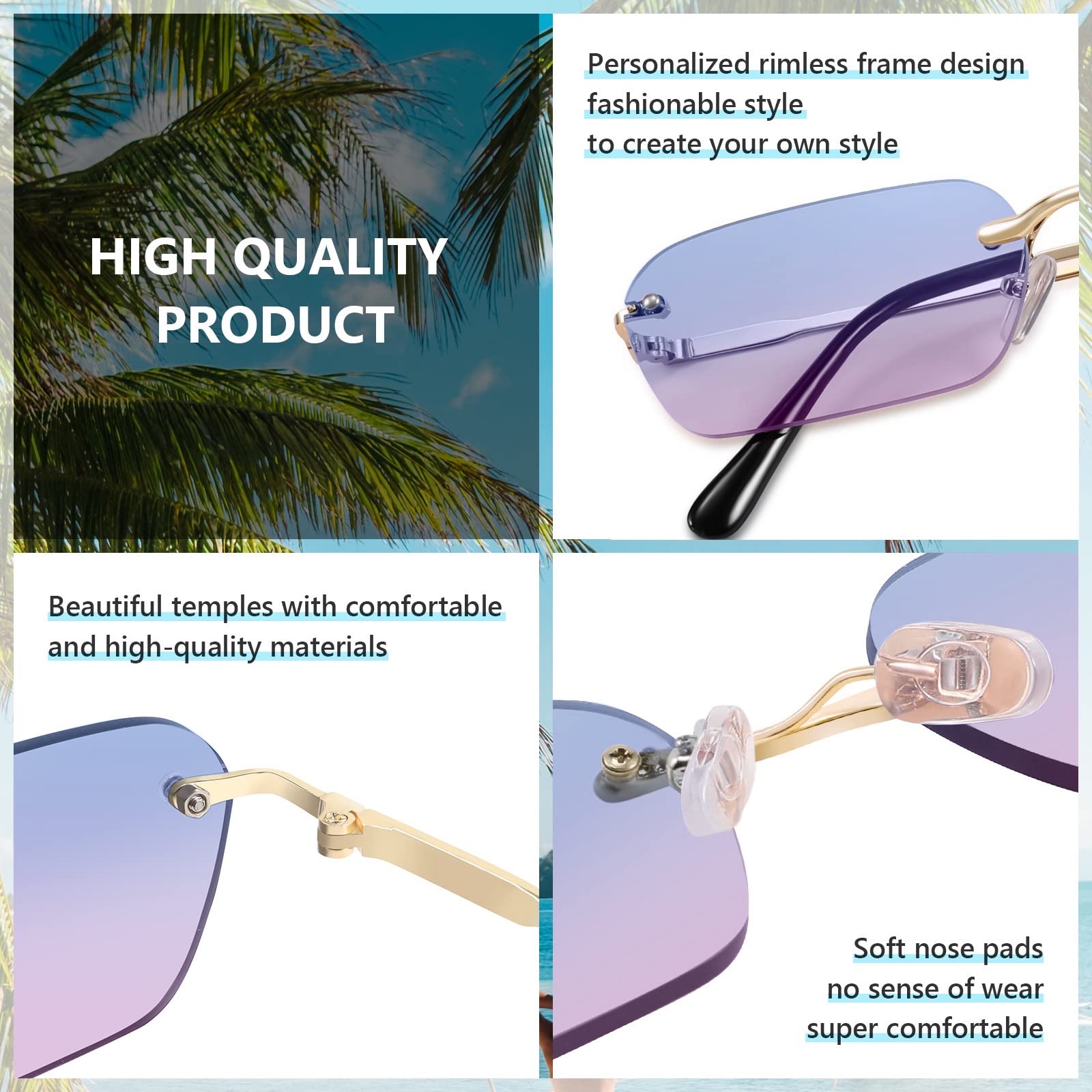 FEISEDY Rimless Sunglasses Y2K Sunglasses Retro Small Narrow Clear Eyewear Vintage Rectangle Sunglasses for Women Men B2643