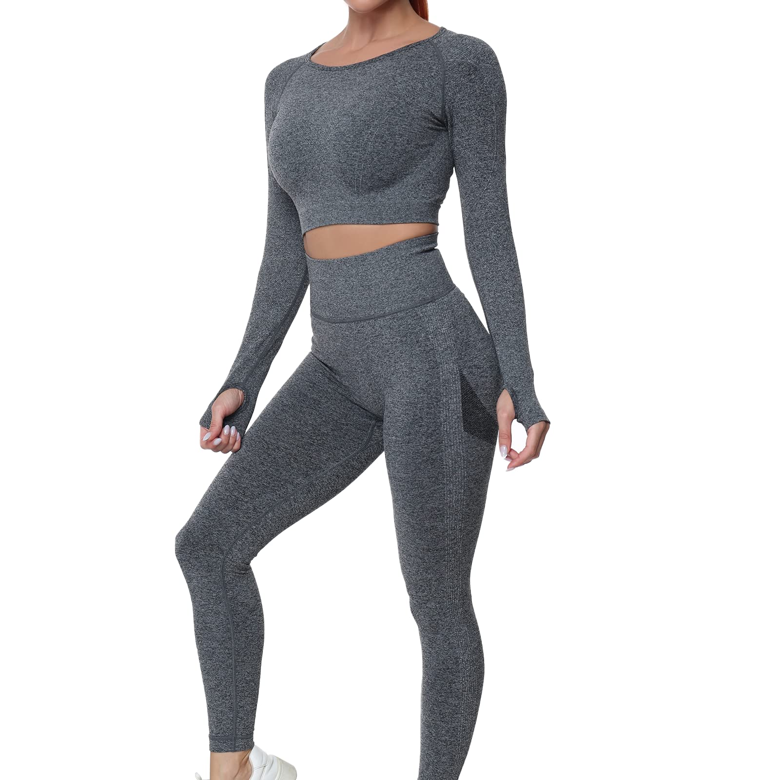 JOJOANS Workout Sets Women 2 Piece Outfits High Waist Seamless Leggings and Crop Top Yoga Set Gym(Grey L)