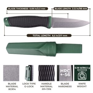 Ganzo G806-GB Fixed Blade Knife 8CR14 Stainless Steel Blade Camping Hunting Fishing Outdoor EDC Knife with Scabbard (Green)