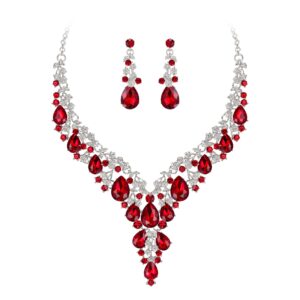 brilove women's wedding bridal austrian crystal teardrop flower cluster statement necklace dangle earrings jewelry set ruby color silver-tone