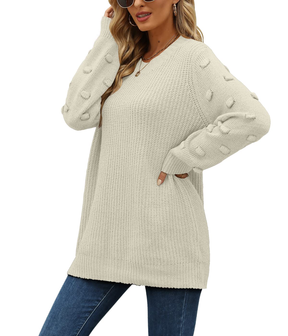 XIEERDUO Women's Pullover Sweaters White Long Sleeve Chunky Knit Crewneck Sweatshirts Fall S