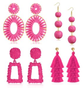 fansilver statement earrings drop raffia earrings dangle geometric earrings boho long tassel earrings hot pink earrings for women