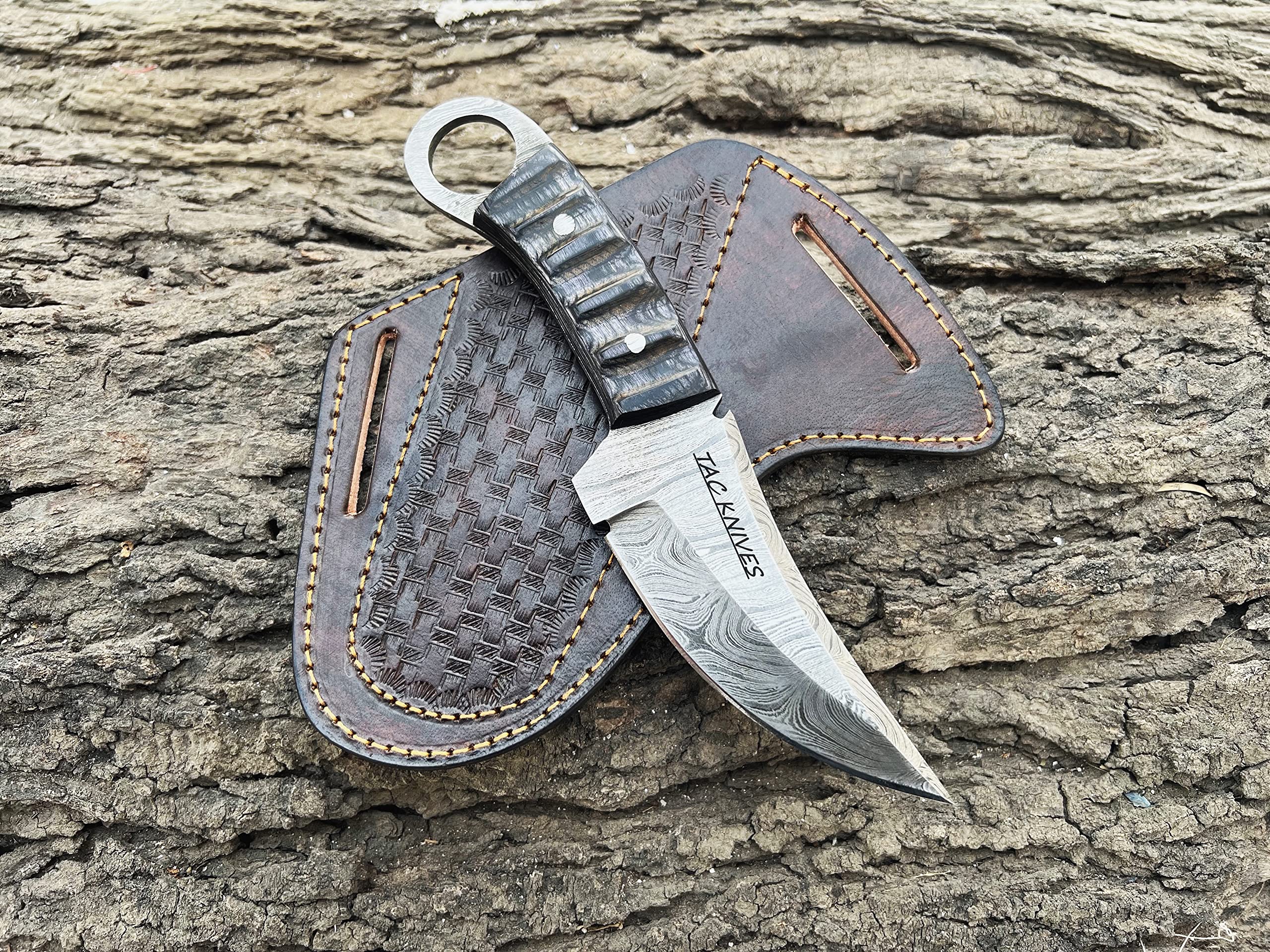 TAC Knives - Bushcraft Survival Knife12T27 Damascus Steel Fixed Blade outdoor Knife- Pakka Wood Handle - Pancake Leather Sheath - Traditional Field Knife for Camping Knife, Fishing, Hunting Knife, Men & Women - EDC Knife to Carry on Belt- (BLACK)