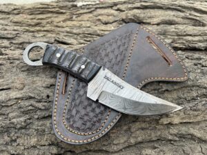 tac knives - bushcraft survival knife12t27 damascus steel fixed blade outdoor knife- pakka wood handle - pancake leather sheath - traditional field knife for camping knife, fishing, hunting knife, men & women - edc knife to carry on belt- (black)