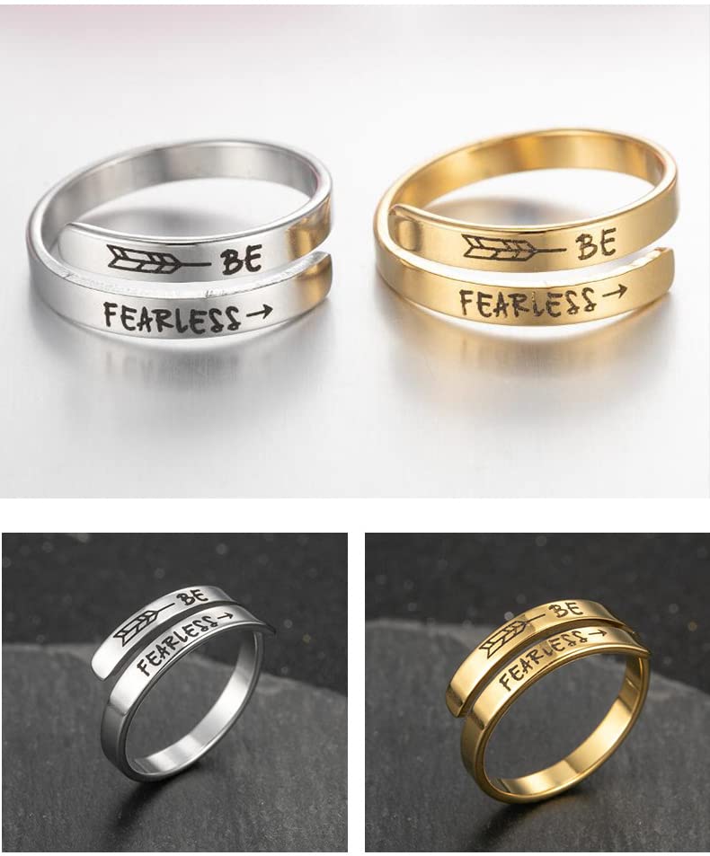 2 Pcs Inspirational Faith Rings for Women Adjustable Cross Open Statement Spiral Wrap Twist Ring Couple Promise Ring Birthday Gifts (BE FEARLESS-gold silver)