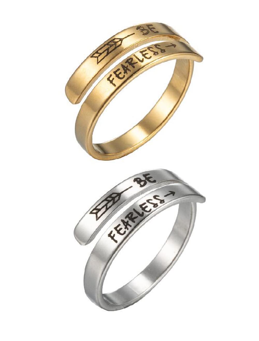 2 Pcs Inspirational Faith Rings for Women Adjustable Cross Open Statement Spiral Wrap Twist Ring Couple Promise Ring Birthday Gifts (BE FEARLESS-gold silver)