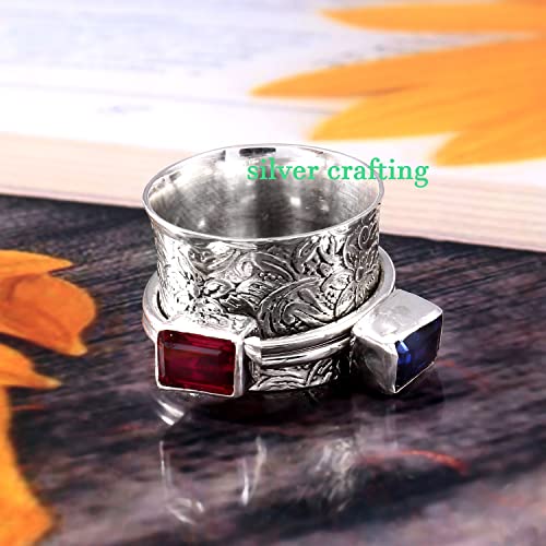 Red Mozambique Ruby & Blue Sapphire Ring Emerald Cut Gemstone ring Meditation Spinner ring Spinning Fidget ring Jewelry (9.5)